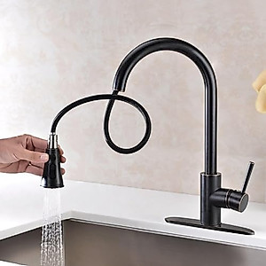 Kitchen Faucet with Deck Plate, Single Handle Solid Brass, Pull Out Sprayer Kitchen Sink Faucet Oil Rubbed Bronze, High Arc Pull Down Kitchen Faucet
