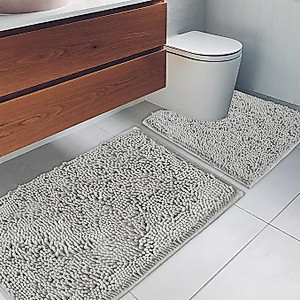 AINAHYVA Bathroom Rugs Chenille Bath mat 2 Piece Set, Super Absorbent, Strong PVC Non Slip Backing, Bath mats for Bathroom, Plush Shaggy, Thick, Machine Washable, Bathtub, Toilet (Light Grey)