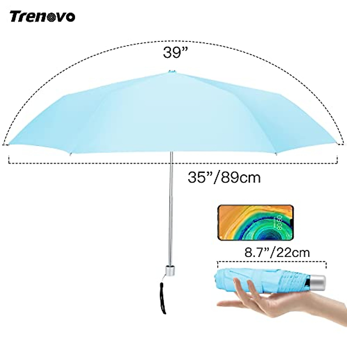 Trenovo Compact Umbrella - Mini Umbrella for Travel, Alluminum Super Lightweight Small Umbrella for Backpack, 6 Ribs Travel Umbrella Compact - Blue