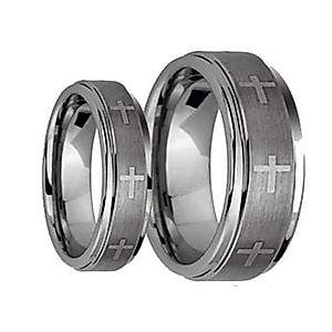His & Her's 8MM/6MM Brushed Center With Laser Cross Engraved Shiny Edge Tungsten Carbide Wedding Band Ring Set, Sizes 5-15 Including Half Sizes,