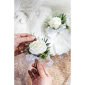Floroom Ivory Rose Wrist Corsage Wristlet Band Bracelet and Men Boutonniere Set for White Wedding Flower Accessories Prom Suit Decorations