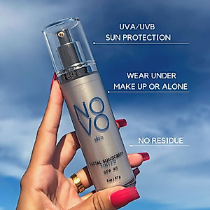 NOVO skin Tinted Moisturizer - SPF 46 - 2.0 fl oz - Primer + Broad Spectrum Face Sunscreen - Adds instant Glow - Filters Blue light - Hyaluronic acid + Niacinamide. Lightweight, Scentless, Non greasy & Oil Free.