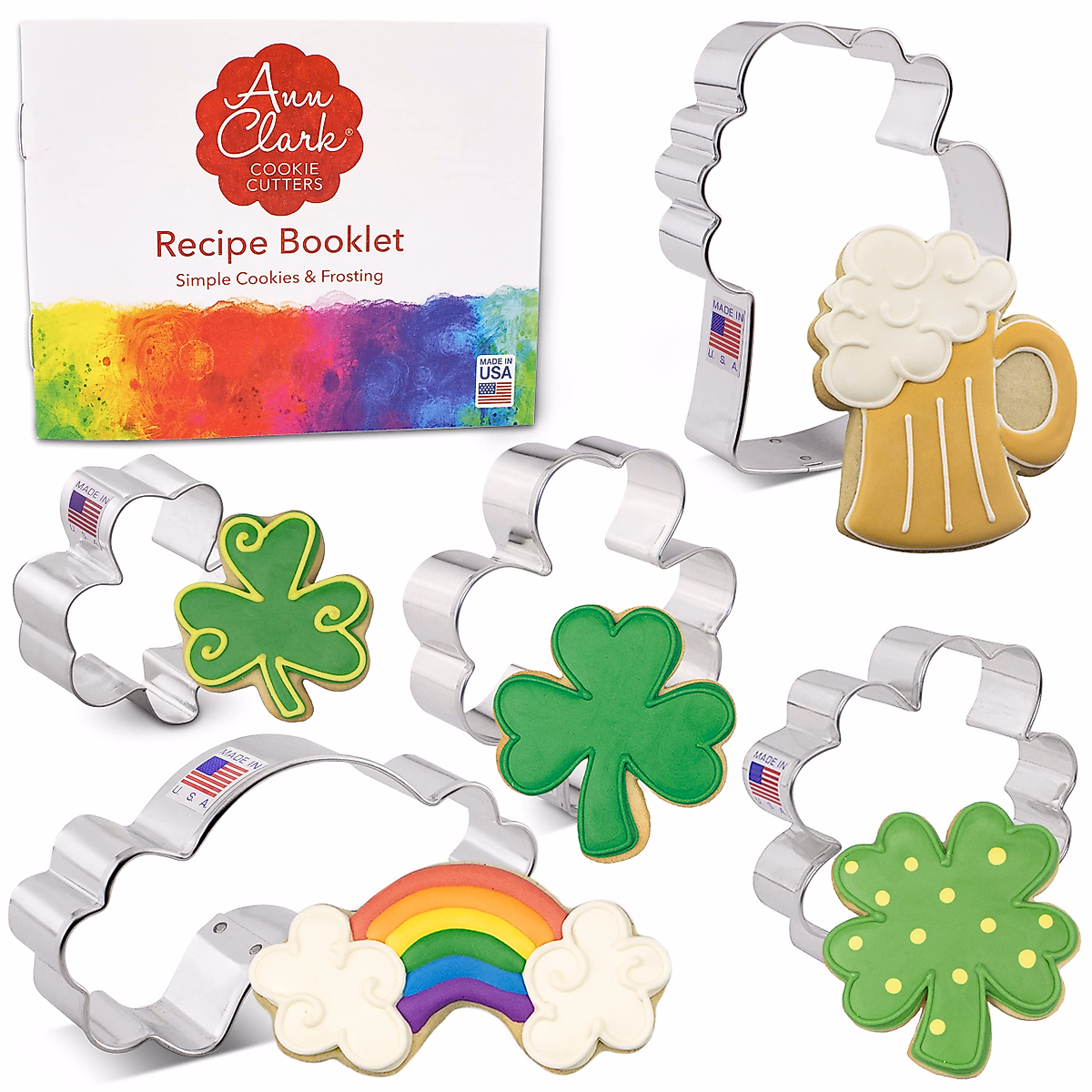 Ann Clark Cookie Cutters 5-Piece St. Patrick's Day Cookie Cutter Set with Recipe Booklet, Shamrock, Small Shamrock, Four Leaf Clover, Beer Mug