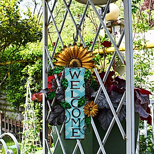 Metal Welcome Sign Rustic Wall Hanging Plaque - Decorative Welcome Flower Signs for Porch Front Door Farmhouse Home Decoration Garden Themed Wreath Ornament (Yellow)