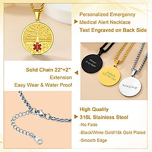 Custom4U Medical Alert Necklace for Women Men Personalized Stainless steel Medical ID Tag Pendant with Free Engraving
