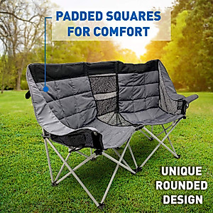 EasyGo Product Camping Chair - Double Love Seat Heavy Duty Oversized - Folds Easily and is Padded, Black Grey