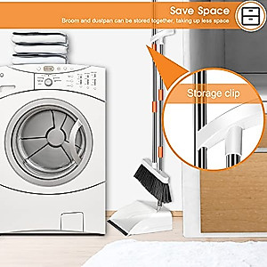 Broom and Dustpan Set,Upright Standing Dust Pans with 54" Stainless Steel Long Handle,Dustpan and Broom Combo for Home Kitchen Office Lobby Floor Cleaning,Outdoor/Indoor Household Brooms-White+Orange