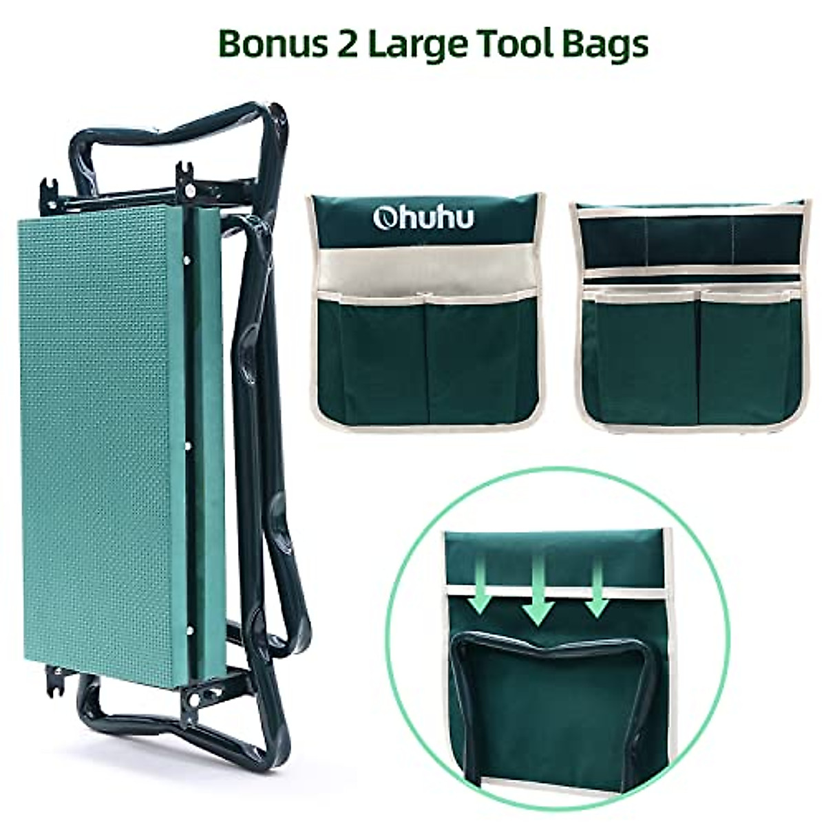 Ohuhu Garden Kneeler and Seat Heavy Duty, Upgraded Gardening Stool with Thicker and Wider EVA Foam Kneeling Pad Foldable Garden Bench with 2 Large Tools Pouches, Gifts for Women Men Seniors Gardener