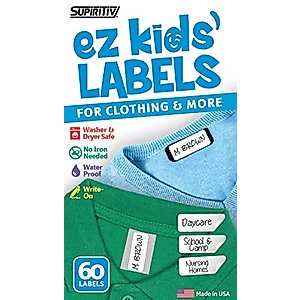Ez Kids Clothing Labels Self-Stick No-Iron Write-On | Great for Children & Adults | Washer & Dryer Safe | School, Camp, Nursing Care, Toys, Organizing, All Purpose | 1 Sheet of 60 Blank Labels