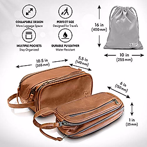 QS Toiletry Bag for Men or Women - Dopp Kit For Travel. Large Cosmetic and Bathroom Shaving Bag. Toiletry Organizer PU Leather USA (Medium, Brown)