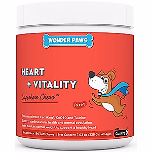 Wonder Paws Cardio Support for Dogs – Cardiovascular Chews Heart Health, Circulation, Energy & Weight Management - with L-Carnitine, Hawthorn Berry, Coenzyme Q10 & Taurine for Dogs – 90 Soft Chews