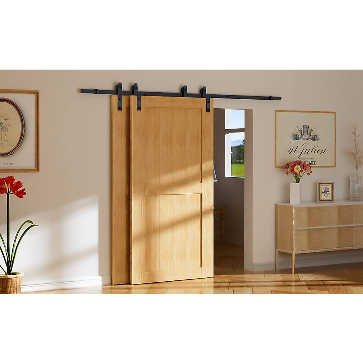 6FT Bypass Sliding Barn Door Hardware Kit, Single Track for Double Door,Heavy Duty,Basic I Pulley,Slide Smoothly Quietly,Easy Install (No Door)