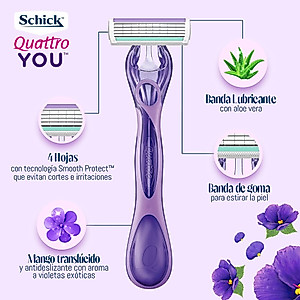 Schick Quattro Womens You Exotic Violet Blooms Disposable Razor for Women, 4 Count (Pack of 1)