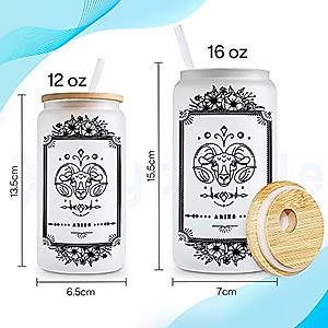 Hyturtle Personalized Glass Cup Aries Zodiac Sign Glass Cup With Bamboo Lid & Straw 12oz16oz Astrology Glass Cup Gift For Mothers Day Friend Mom Sister Coworker Female Women Her Wife Birthday Women