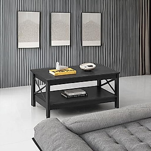 YITAHOME Coffee Table for Living Room,Modern Farmhouse Coffee Table with Storage,2-Tier Center Table for Living Room Wood Living Room Table Accent Cocktail with Sturdy Frame,Black
