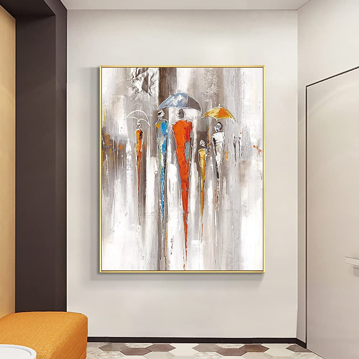 Abstract People in The Rain with Umbrellas Hand Painted Oil Painting On Canvas Abstract Wall for Living Room,31inx47in,No Frame