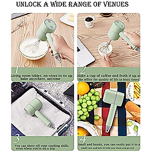 Portable Electric Cordless Handheld Mixer, 3-Speed Adjustable Lightweight USB Rechargeable Hand Mixer Stainless Steel Egg Whisk with Double Egg Sticks for Kitchen Baking and Cooking (Green)