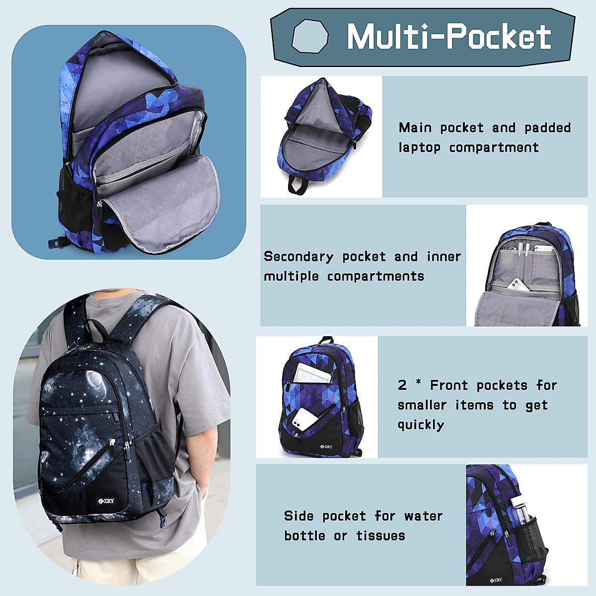 Bansusu 3Pcs Black Galaxy Primary Middle School Bag Rolling Backpack Set for Elementary Boys Wheeled Bookbag with Six Wheels