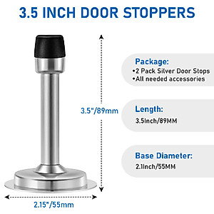 Door Stoppers, 3.5 Inch Door Stops for Bottom of Door, Wall Mounted Self Adhesive Door Stop with Black Rubber Bumper Stainless Steel Modern Doorstop Brushed Nickel No Drill Door Stopper, Silver 2 Pack