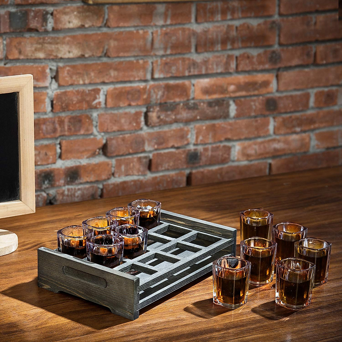 MyGift 12 Shot Glass Set Party Server with Vintage Gray Wood Tray, Shot Glasses for Tequila Whiskey Vodka Spirit Liquor