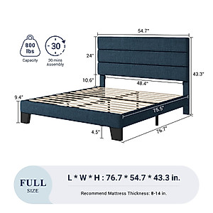 Allewie Full Size Platform Bed Frame with Fabric Upholstered Headboard and Wooden Slats Support, Fully Upholstered Mattress Foundation/No Box Spring Needed/Easy Assembly, Navy Blue