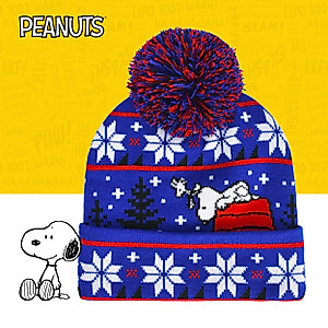 Peanuts Beanie Hat, Snoopy Red House Ugly Xmas Sweater Winter Knit Cap with Cuff and Pom, Blue, One Size