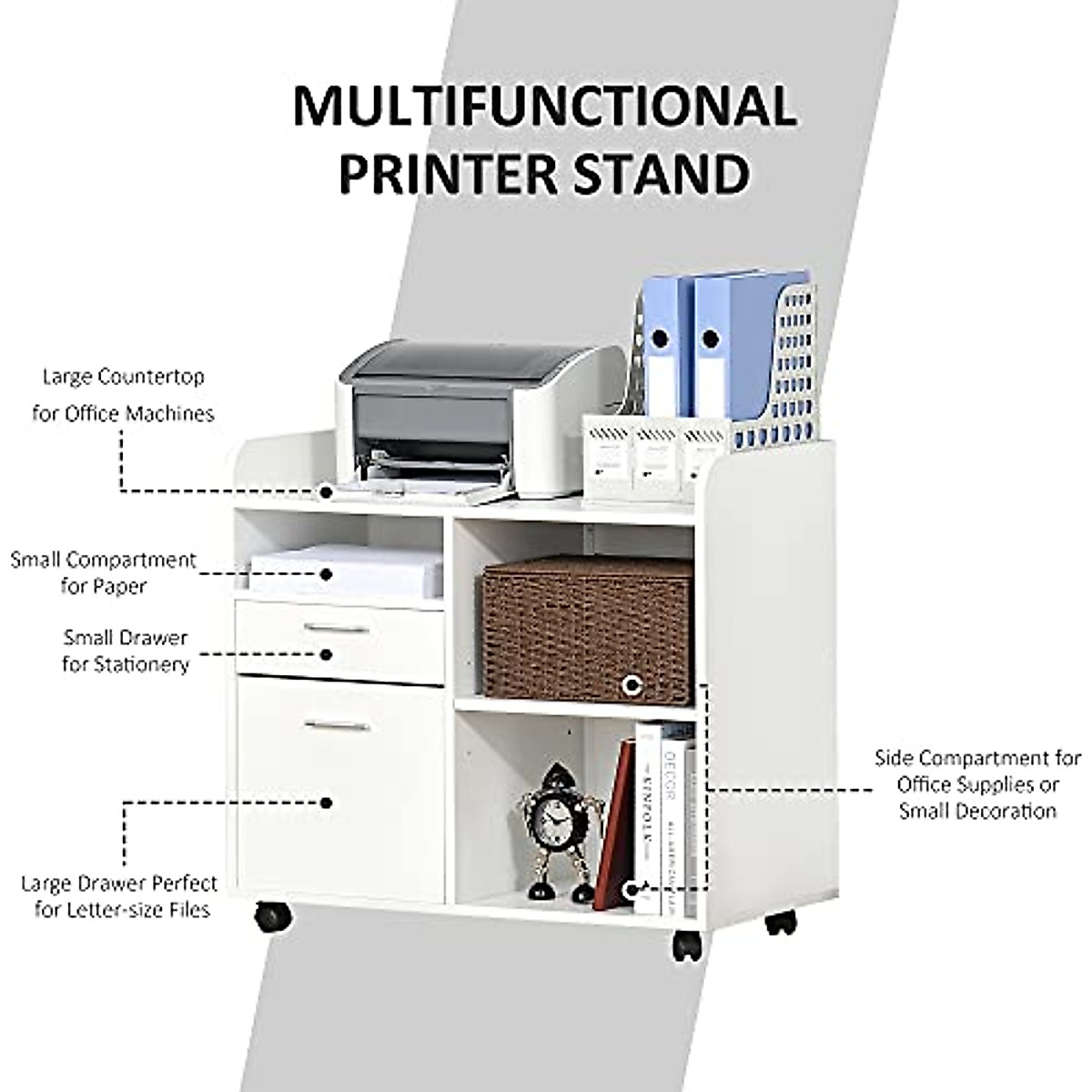 Vinsetto Filing Cabinet Printer Stand Mobile Lateral File Cabinet with 2 Drawers, 3 Open Storage Shelves for Home Office Organization, White