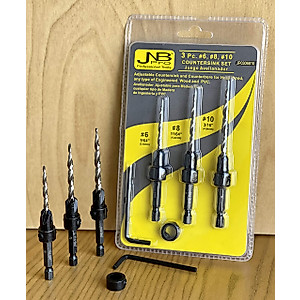 JNB Pro Wood Countersink Drill Bit Set 3 Pieces #6 (9/64') #8 (11/64") #10 (3/16") Avellanador para Madera with Adjustable Stop Collar and Hex Wrench - Quick Change Woodworking Drill Bits