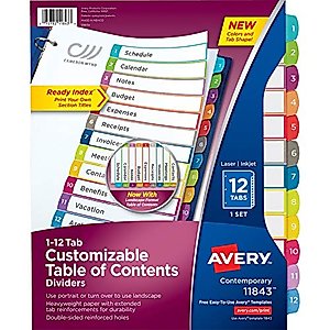 Avery 12 Tab Dividers for 3 Ring Binders, Customizable Table of Contents, Multicolor Tabs, 1 Set (11843)