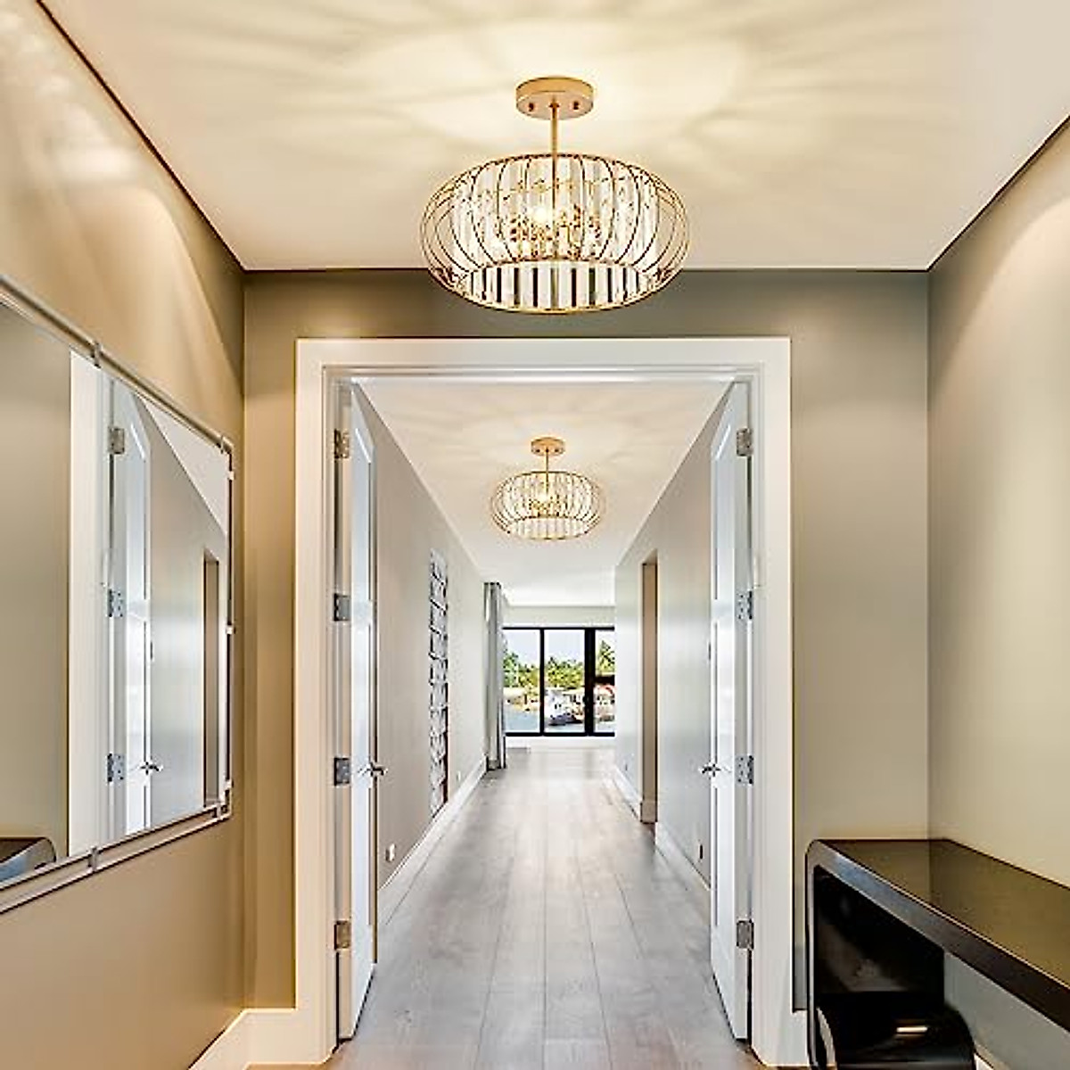 VIOLOEMI Modern Gold Close to Ceiling Light Fixtures, Crystal Semi Flush Mount Ceiling Light, Metal 3-Light Ceiling Lamp for Hallway Bedroom Living Room Dining Room(Bulb Not Include)