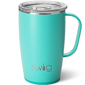Swig Life 18oz Travel Mug, Insulated Tumbler with Handle and Lid, Cup Holder Friendly, Dishwasher Safe, Stainless Steel, Travel Coffee Cup (Aqua)