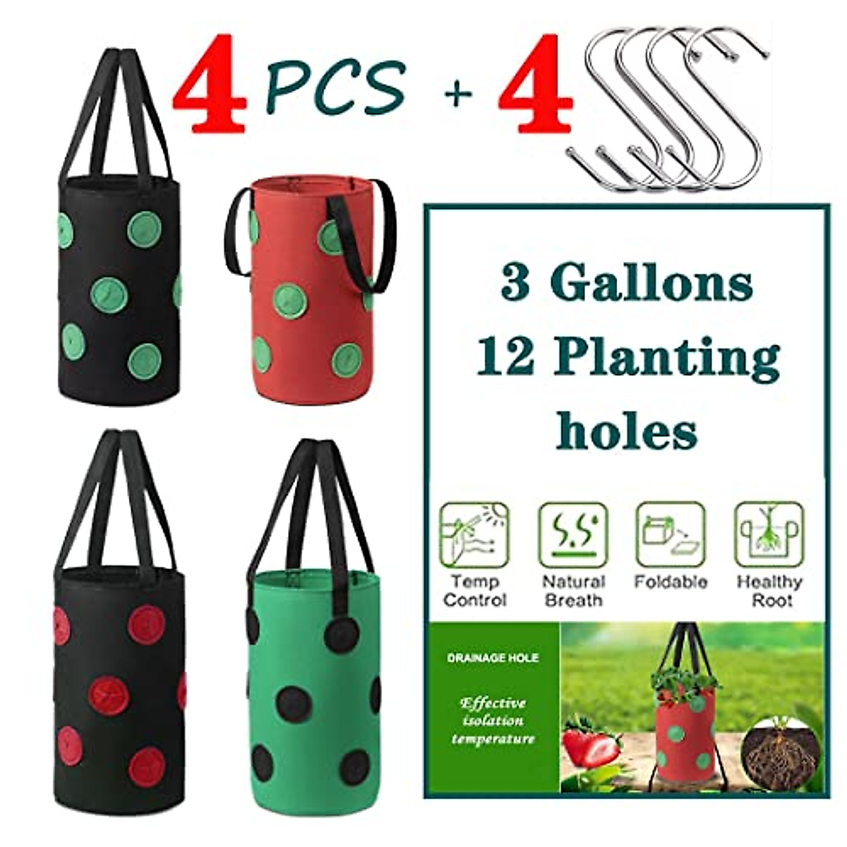 4 Pcs Upside Down Strawberry Planter- 4 Hooks 3 Gallon Hanging Strawberry Planter Hanging Planter,Sturdy Hanging Handle Thickened Breathable Felt Cloth for Tomato Hot Peppers Vegetables (4Pcs 3Gal)