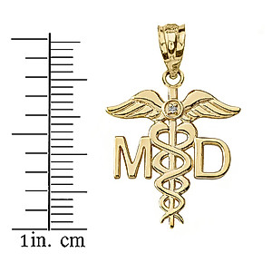 Sideways Crosses 14k Yellow Gold Solitaire Diamond Caduceus MD Charm Medical Doctor Necklace, 22"