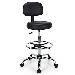 Giantex PU Leather Drafting Chair, Tall Office Chair with Retractable Mid Back, Standing Desk Chair with Adjustable Foot Ring, Ergonomic Upholstered Rolling Stool, Swivel Counter Height Task Chair