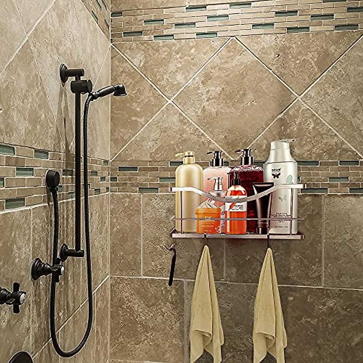 Lulofun Shower Caddy Basket Shelf with Hooks, Kitchen Bathroom Toilet Traceless Adhesive Storage Organizer for Shampoo Razors, Rustproof SUS304 Stainless Steel No Drilling Rack