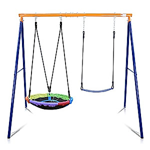 Swing Set for Backyard, 440lbs, Heavy-Duty A-Frame Metal Outdoor Stand, 1 Saucer Swing Seat & 1 Swings Seat