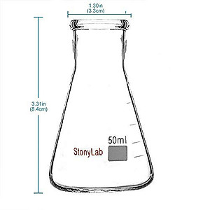StonyLab 2-Pack Glass 50ml Heavy Wall Narrow Mouth Erlenmeyer Flasks with Heavy Duty Rim - (50ml Fits with StonyLab 4# Rubber Stopper)