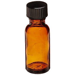 JG Finneran D0161-1/2 Amber Borosilicate Glass Standard Boston Round Bottle with Black Phenolic Closure, PE Cone Lined, 18-400mm Cap Size, 0.5oz Capacity (Pack of 24)