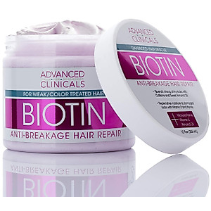 Advanced Clinicals Biotin Hair Treatment Anti-Breakage Repair Hair Mask. Strengthen Broken, Color-Treated Hair W/Repairing Deep Conditioner Manuka Honey & Caffeine, Hydrating Mask Restores Weak Hair
