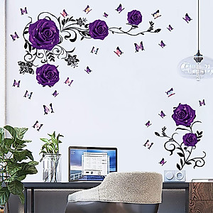 Supzone Purple Rose Wall Stickers Rose Flower Vine Wall Decal Purple Peony Floral Wall Decor DIY Vinyl Mural Art for Bedroom Living Room Sofa Backdrop TV Wall Decoration