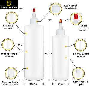 BRIGHTFROM Squeeze Bottles, Condiment 16 & 8 oz SET, BPA Free Empty Plastic Containers with Red Cap, Great for Syrup, Ketchup, Mustard, Sauces, Dressing, Oil, Arts and Crafts, Leak Proof