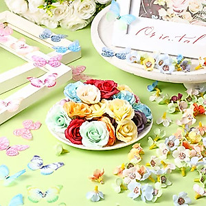 204 Pcs Faux Floral Heads Organza Butterfly Set Artificial Silk Mini Flowers Daisy Rose Small Fake Flowers Heads 3D 2 Layers Butterflies for Crafts Car Cake Wedding Party Decorations DIY Embellishment