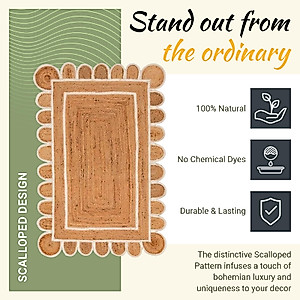 PATEL EXPORTS Natural Jute Scalloped Rug, Bohemian Area Rug, Boho Décor Indoor Outdoor Jute Rug, Handwoven Hallway Runner Rug, Custom Rug (2'6"x10')