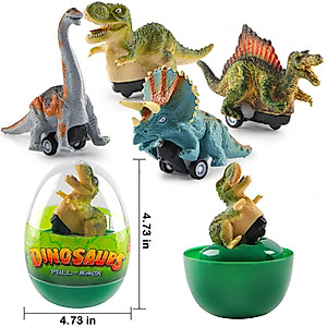 4 Pack Prefilled Easter Eggs with Dinosaur Pull Back Cars, Jumbo Plastic Easter Eggs with Toys Inside for Easter Basket Stuffers, Party Favors Gifts for Toddler Kids Boys Girls