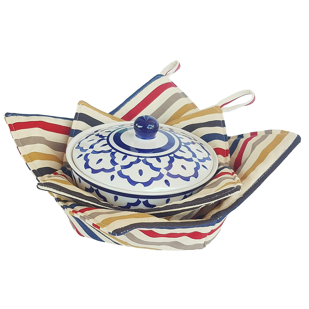 CUSHYSTORE 2 Bowl Cozies Canvas Holders Heat and Cold Resistant Anti-Scalding Protector 8.5" Large 7.5" Small (Retro Stripe)