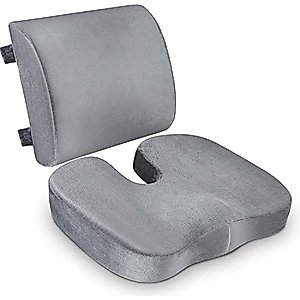 Seat Cushion & Lumbar Support Pillow for Office Chair, Car, Wheelchair Memory Foam Chair Cushion for Sciatica, Lower Back&Tailbone Pain Relief Desk Pad with Adjustable Strap Washable Cover Grey