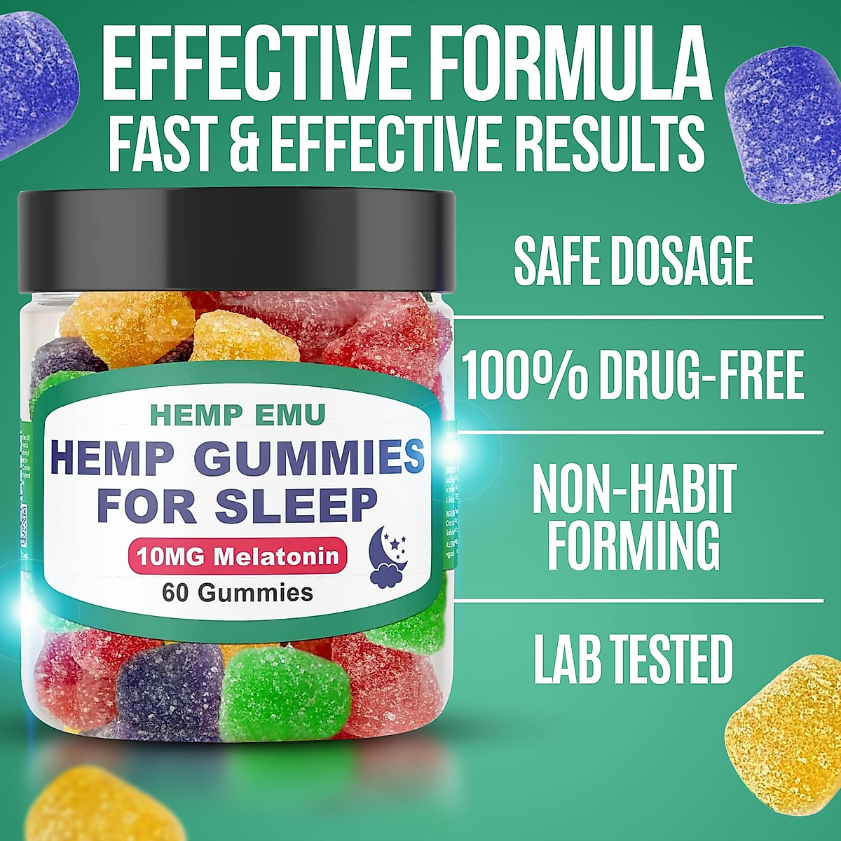 Hemp Emu Hemp Gummies for Sleep - Fall Asleep Faster, Stay Asleep Longer - 10mg Melatonin + Premium Hemp Extract, 2 Gummies Per Serving - 60 Count Fruit Flavored Gummies