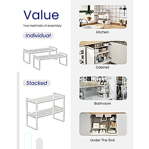 2 Pack Stackable Kitchen Cabinet Shelf Organizer Rack – Countertop Storage for Pantry, Bathroom, Office, Space Saving, Rust Resistant, Non-Slip, White, 20" L x 8.25" D x 7.3" H Each, 14.6" H Stacked