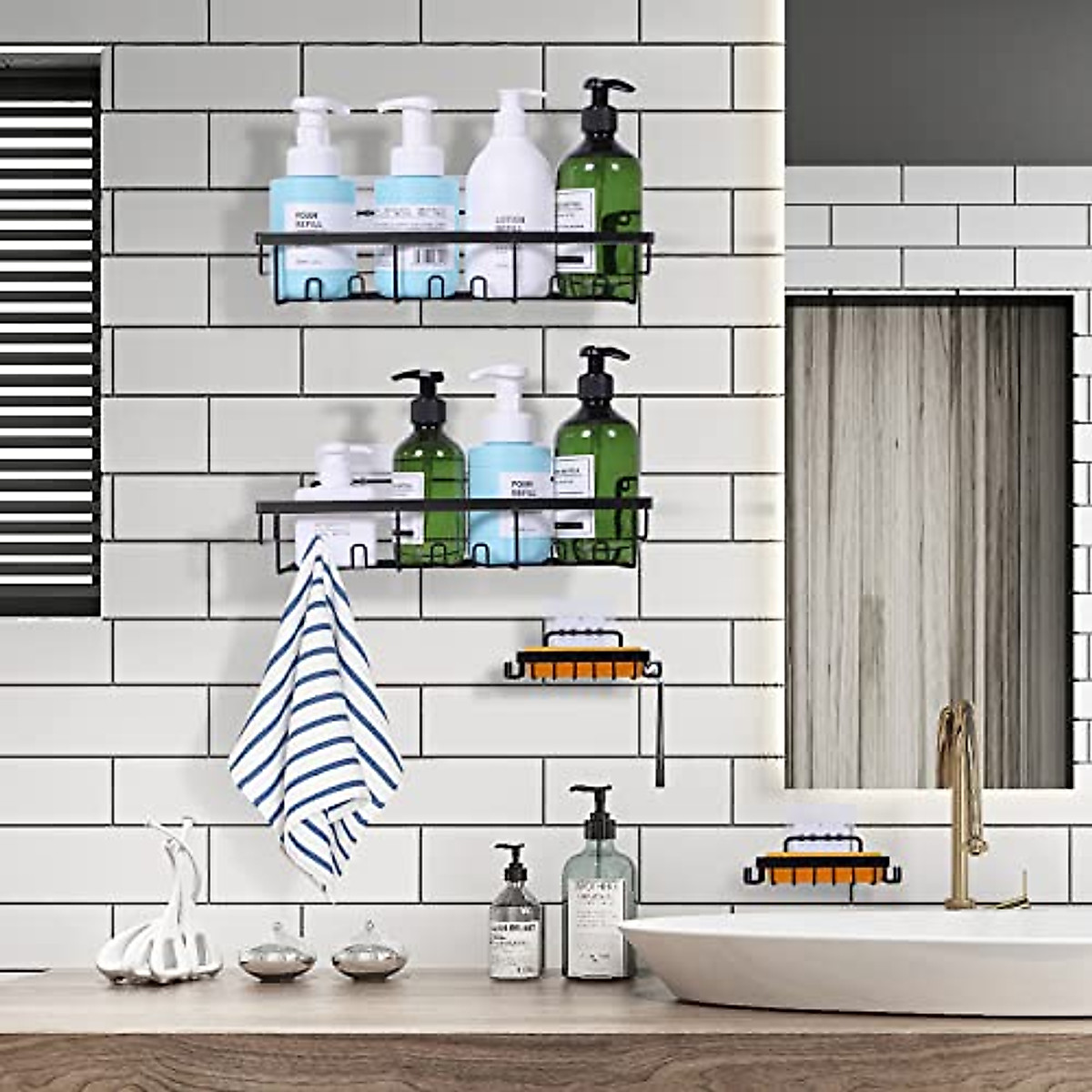 Shower Caddy Basket Shelf with Hooks, 2 Pack, No Drilling Traceless Adhesive Storage Organizer With Soap Dish Holder, 304 Stainless Steel, Wall Mounted Storage Shelf for Bathroom, Kitchen, Black