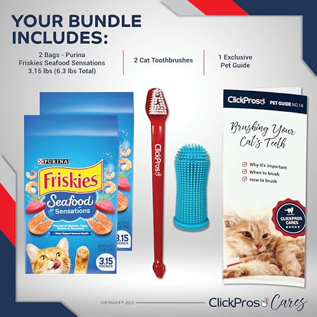 ClickPros Friskies Dry Cat Food Seafood Sensations Bundle | Includes 2 Bags of Friskies Dry Cat Food Salmon, Tuna, and Shrimp Flavors (3.15 LB) Pet Guide and 2 Toothbrushes!